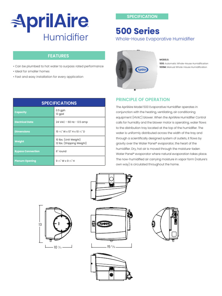 Aprilaire 500 Series Humidifier Specification Sheet 381 | PDF ...