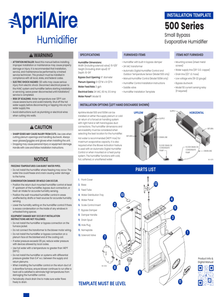 Aprilaire 500 Series Humidifier Installation Template B2205116 | PDF | Duct (Flow) | Water Heating