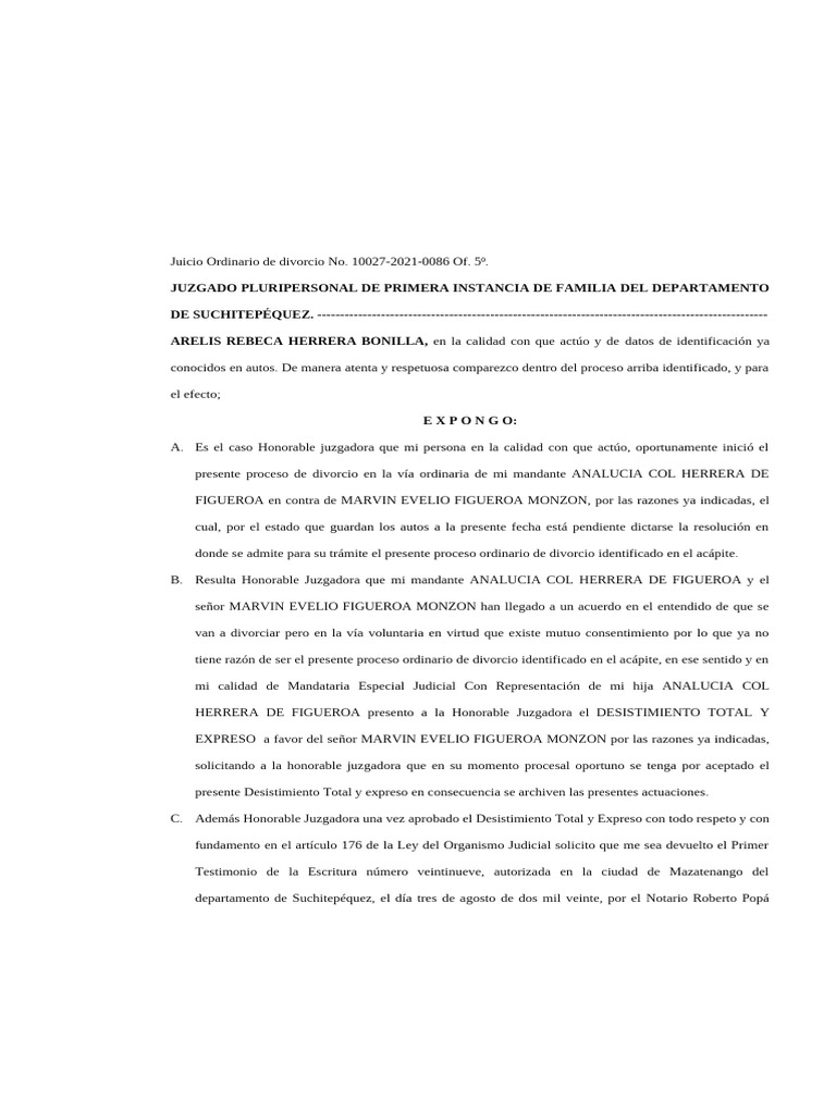 Desistimiento Ordinario de Divorcio Caso Analucia Col y Marvin Monzon ...