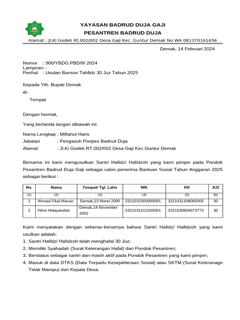 Format Usulan Bansos Tahfidz 2025 | PDF