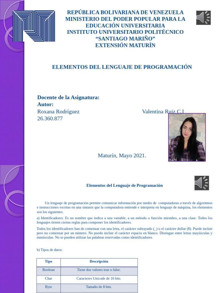 Elementos del Lenguaje de Programación Valentina Ruiz C.I 26.360.877 | PDF | Programación ...