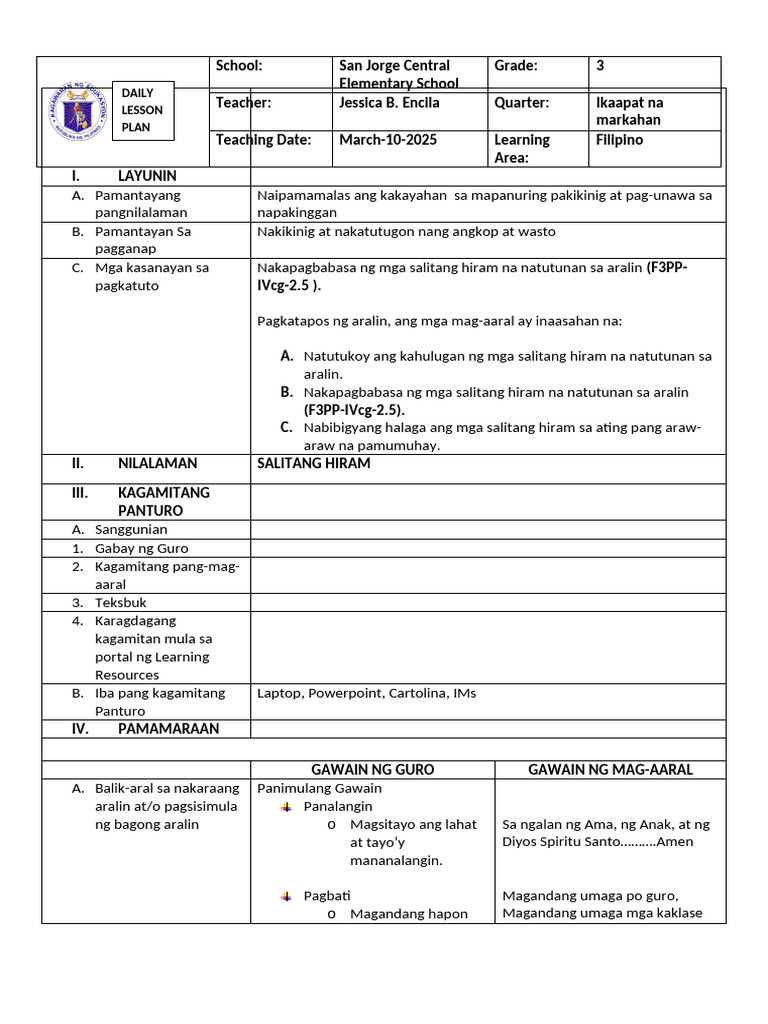 DLP in Filipino Week6 Day1 | PDF