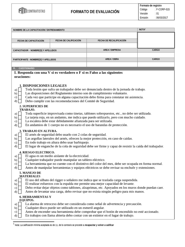 F-CORP-015 Formato de Evaluación v.01 | PDF