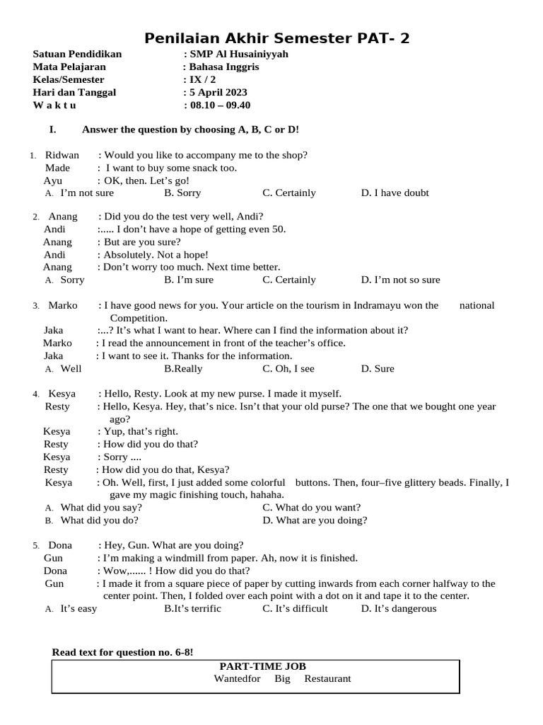 Soal Pat-2 b.inggris Kls 9. 2023 | PDF