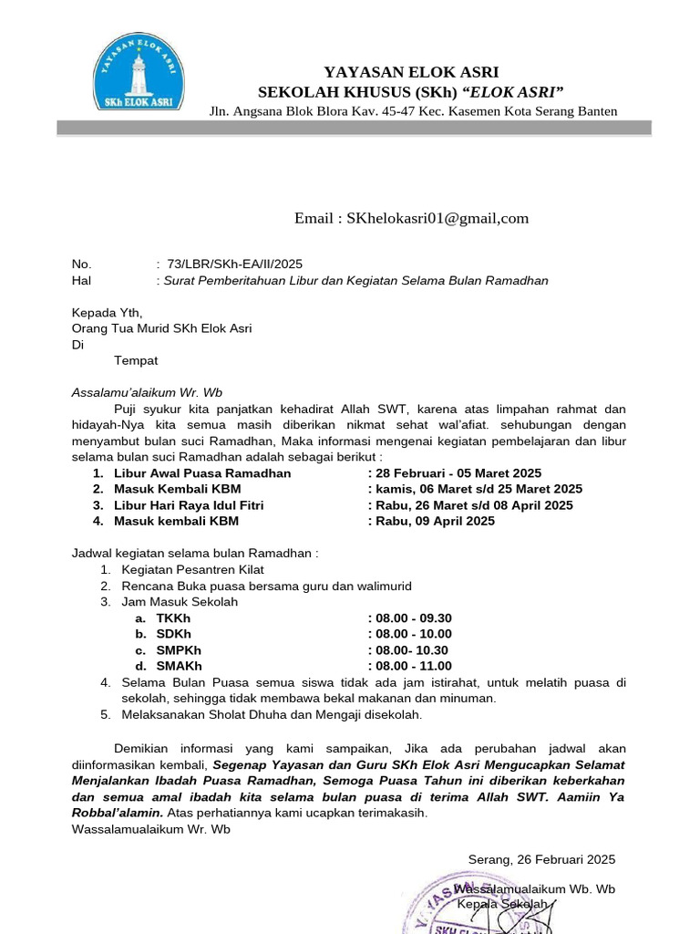 No.73 Surat Pemberitahuan Libur Dan Kegiatan Selama Bulan Ramadhan | PDF