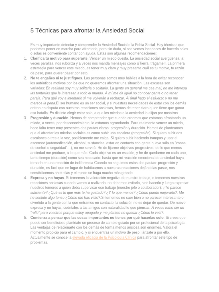 5 Técnicas para afrontar la Ansiedad Social | PDF | Ansiedad | Desorden ...