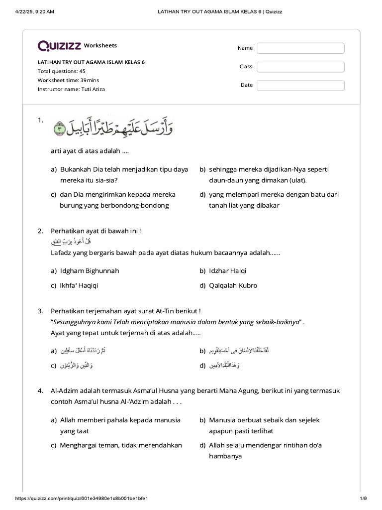 Try Out Agama Islam Kelas 6: 45 Soal | PDF