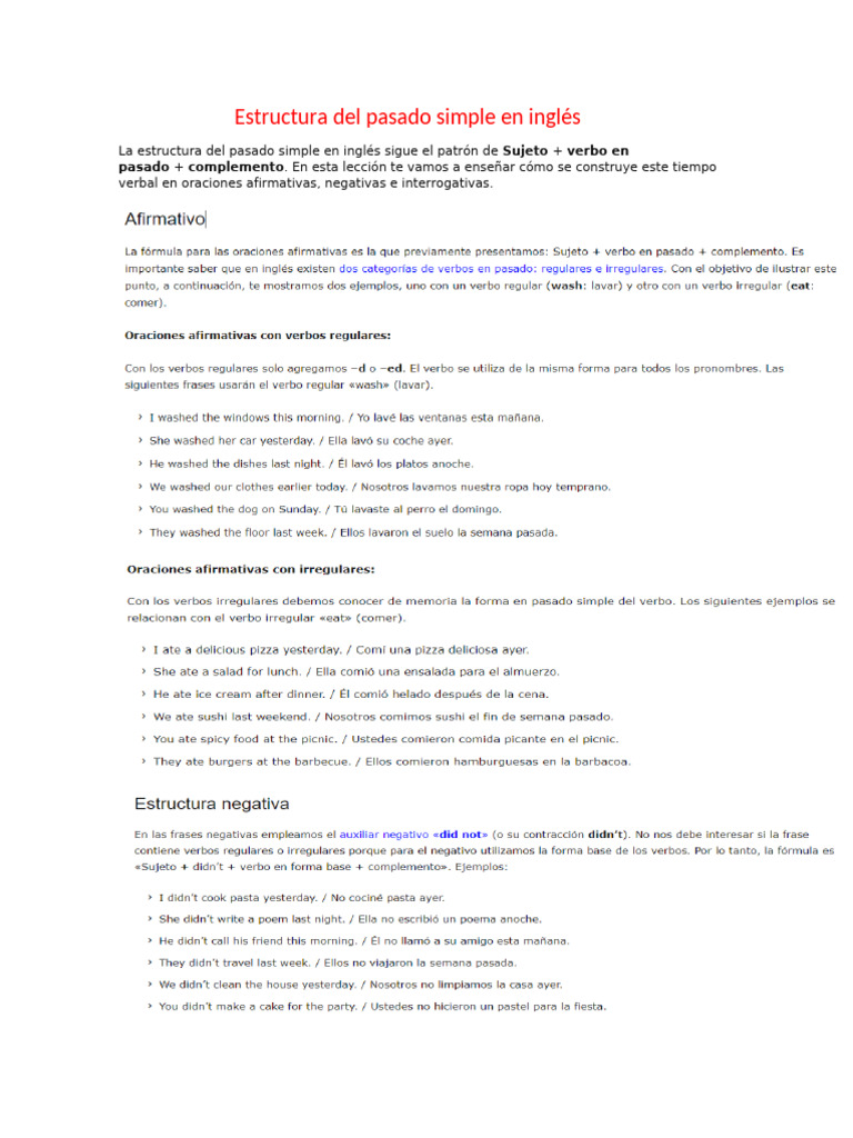 Estructura del pasado simple en inglés | PDF