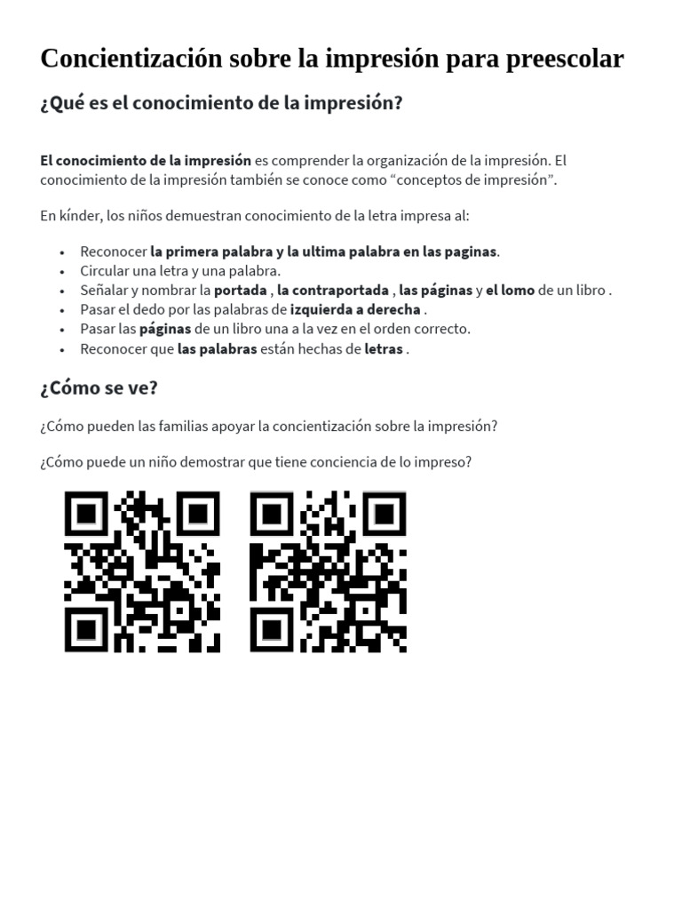 Concientización sobre la impresión para preescolar | PDF