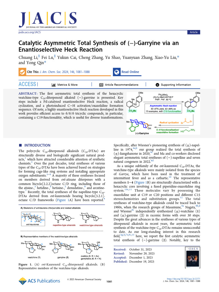 Li Et Al 2023 Catalytic Asymmetric Total Synthesis of ( ) Garryine via an Enantioselective Heck ...