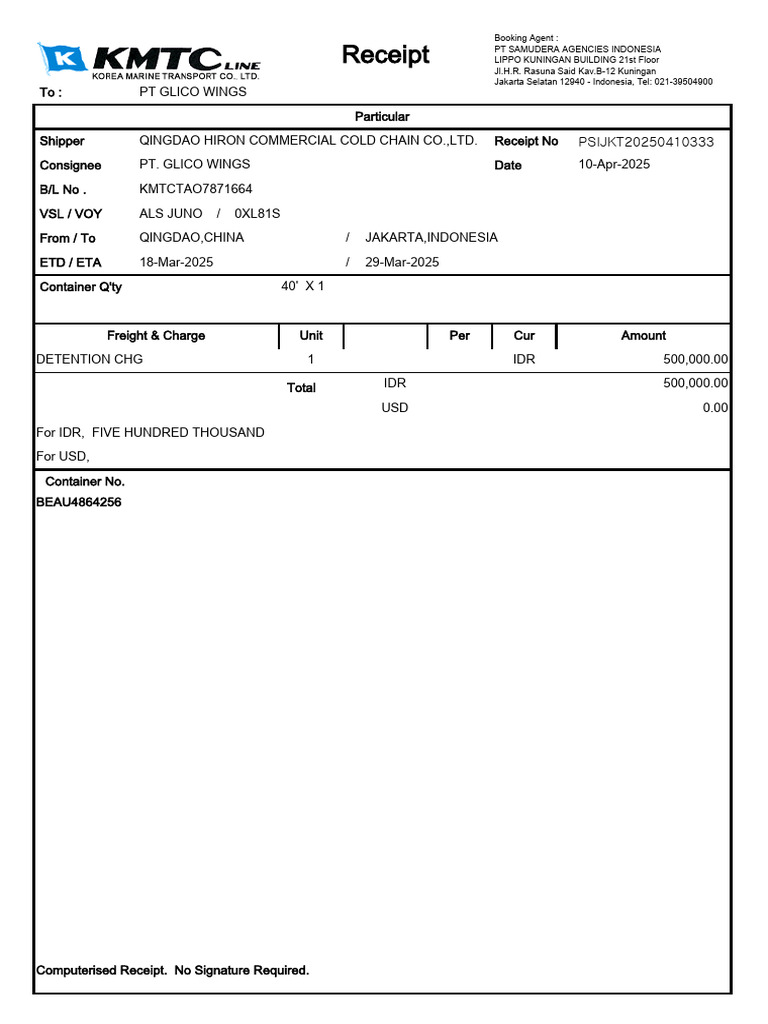 Receipt: Measurement 49.1400 CBM Weight 4,428.000 Kgs Package 54 P'kgs ...