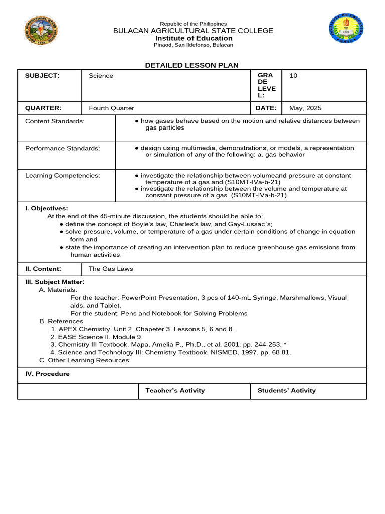 Detailed-Lesson-Plan - (Gas Laws) | PDF | Gases | Carbon Tax