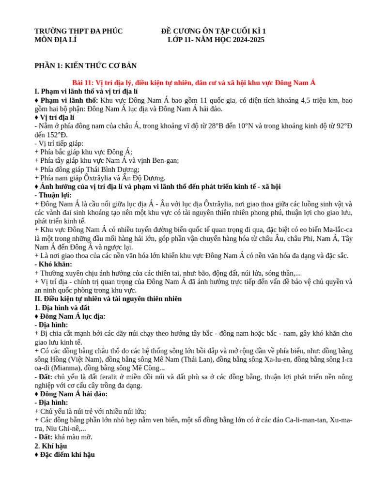 Hs- Địa 11 Đề Cương Ck1 2024-2025 | PDF