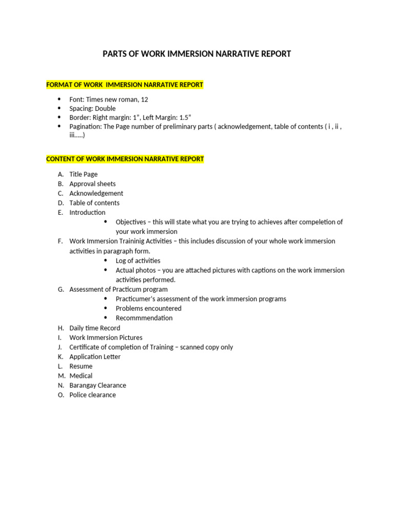 Parts of Work Immersion Narrative Report | PDF