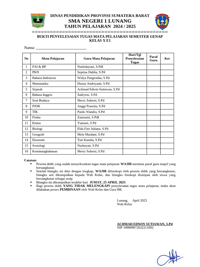 Blangko Kelengkapan Tugas Siswa | PDF