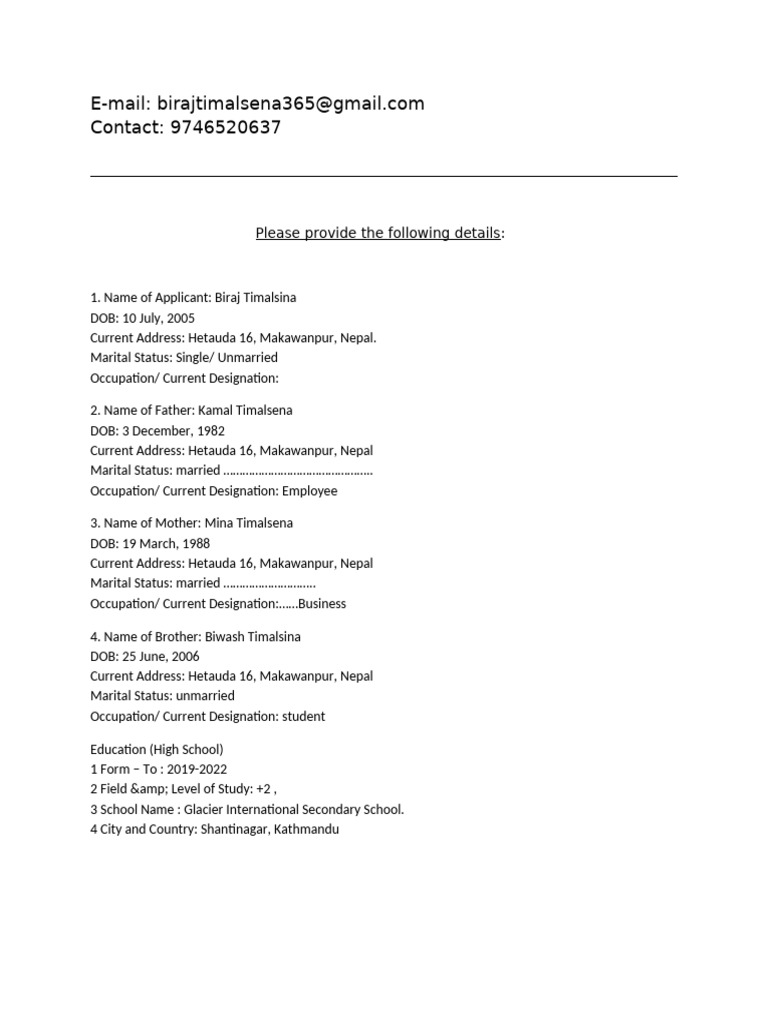 Personal Information of Biraj Timalsina | PDF