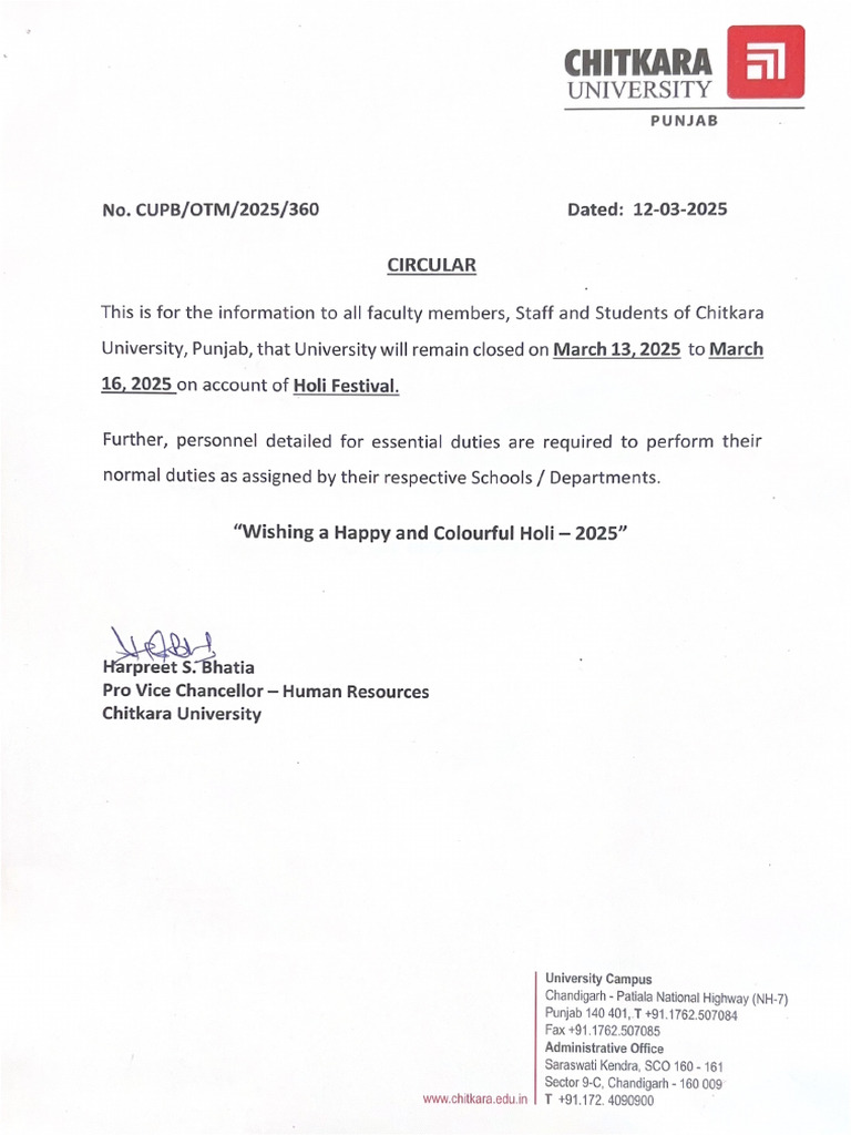 Circular 20250312160353 Circular Holi 2025 | PDF