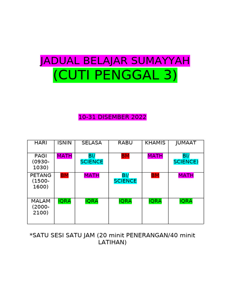 Jadual Belajar Sumayyah | PDF