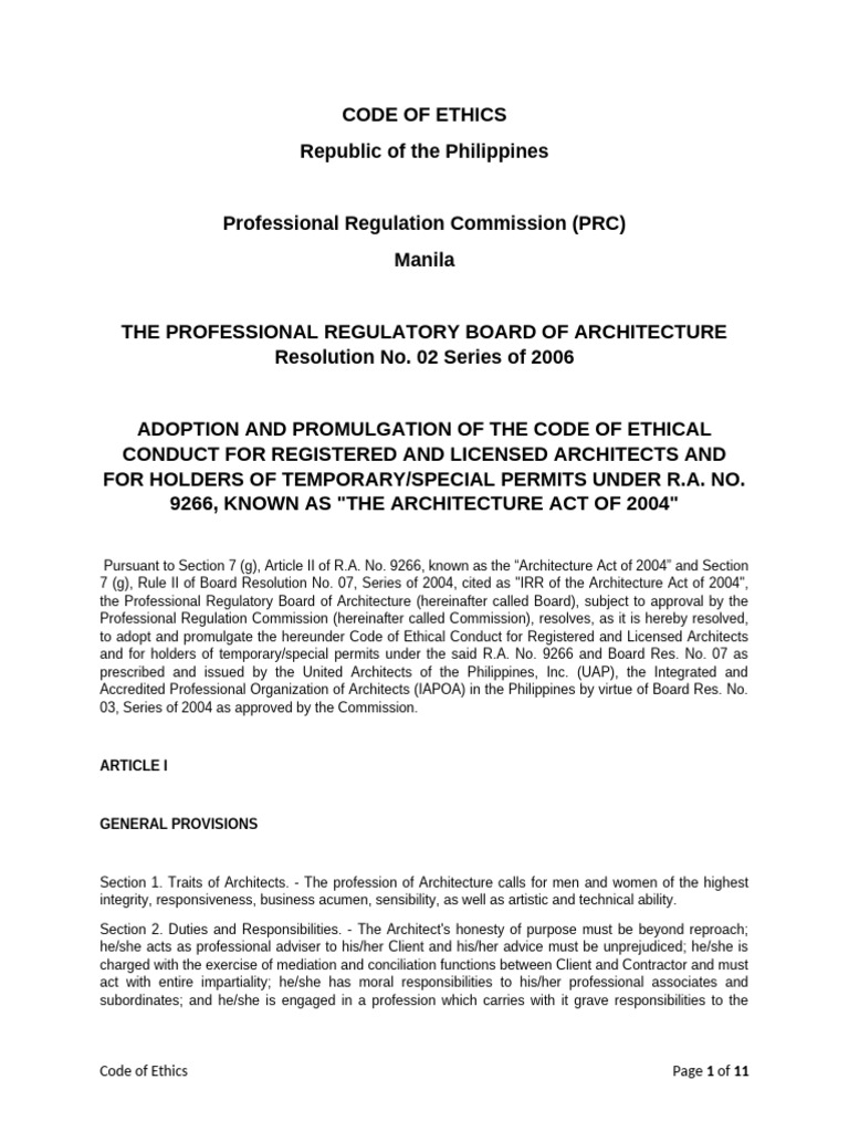 Code of Ethics | PDF | Architect | General Contractor