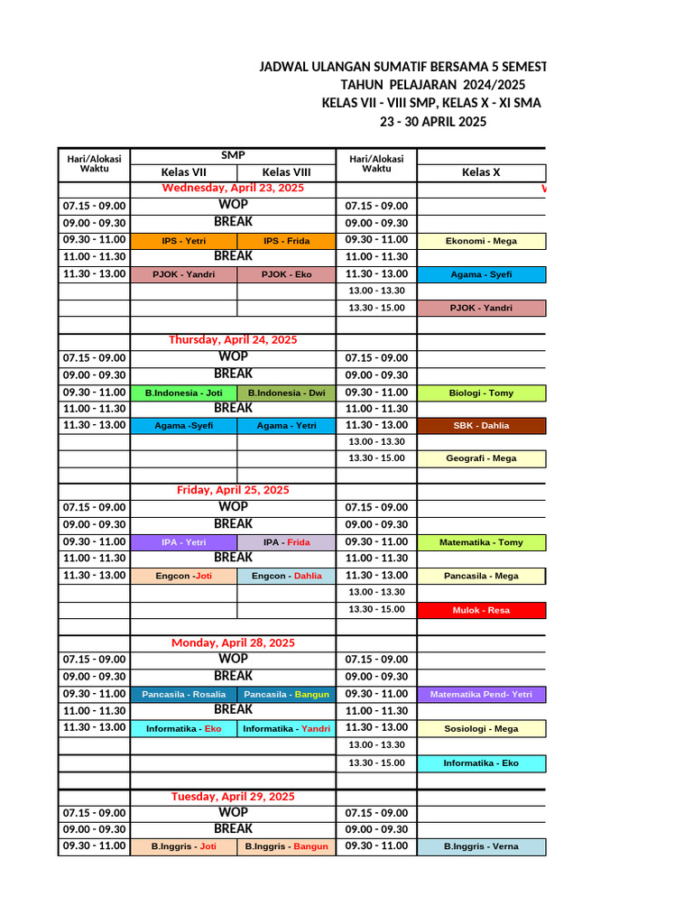 Edit 1 of Jadwal_USB5_Genap_SMP-SMA_Tahun_2025(1) | PDF