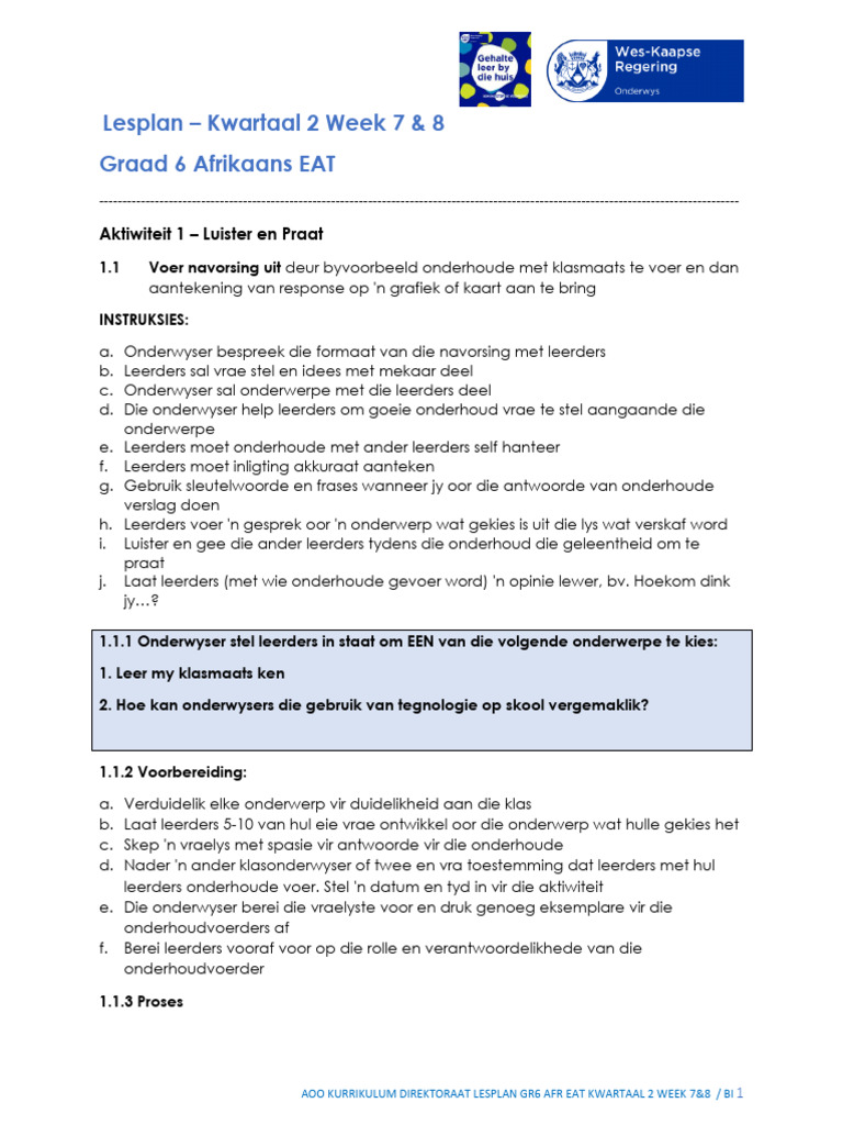Lesplan Gr6 Afrikaans EAT Kw2 W7&8 | PDF