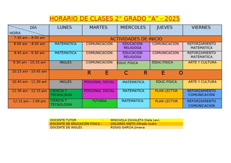 Horario de Clases 2° Grado 2025 | PDF