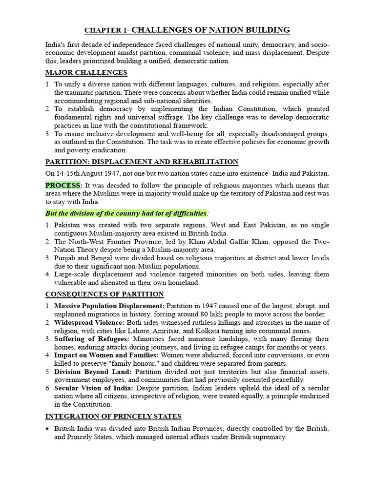 Chapter 1 - Challenges of Nation Building | PDF | Partition Of India ...