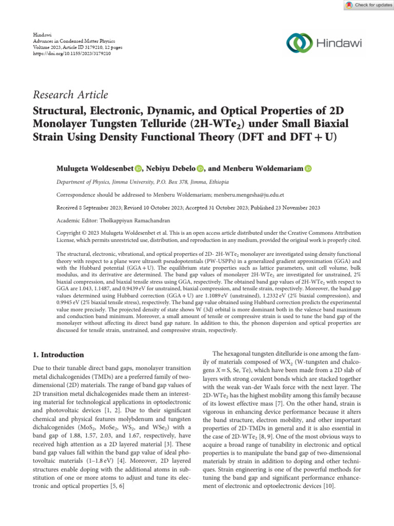 Advances in Condensed Matter Physics - 2023 - Woldesenbet - Structural Electronic Dynamic and ...