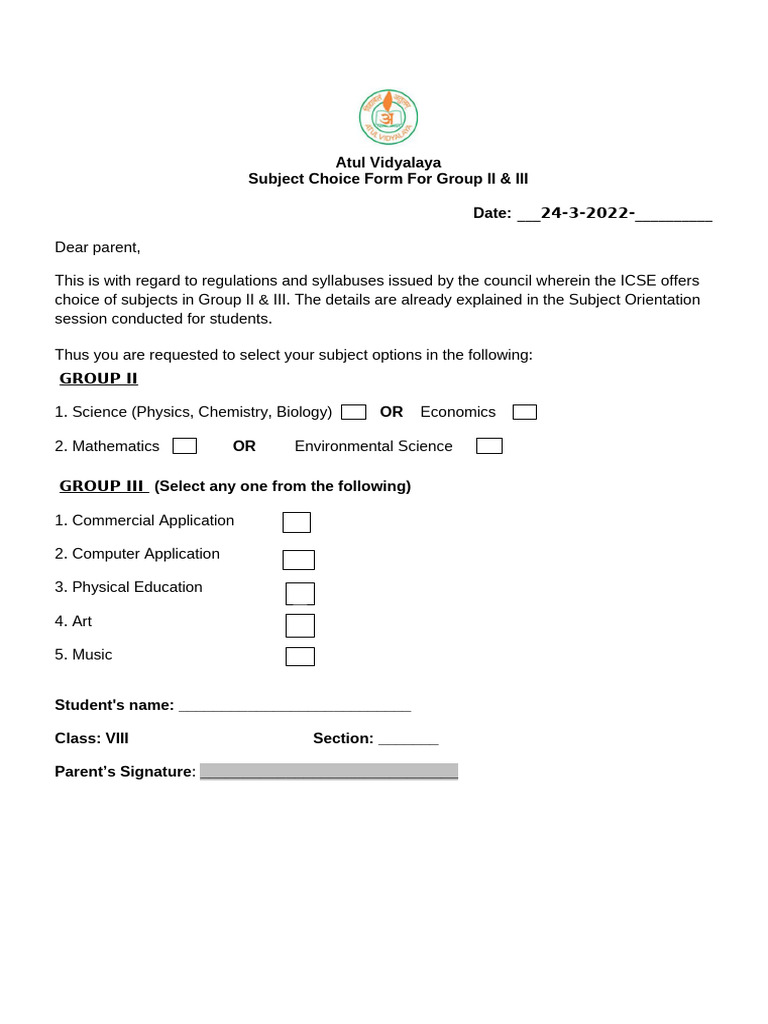Group II & III subject selection form | PDF