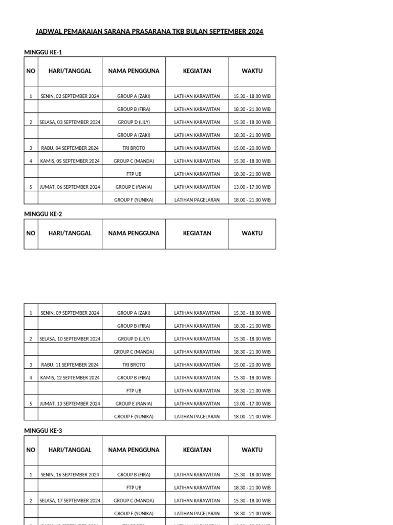 Jadwal Latihan TKB September 2024 | PDF