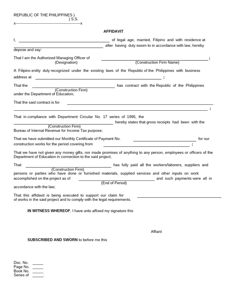 Contractor's Affidavit Form | PDF | Affidavit | Public Finance