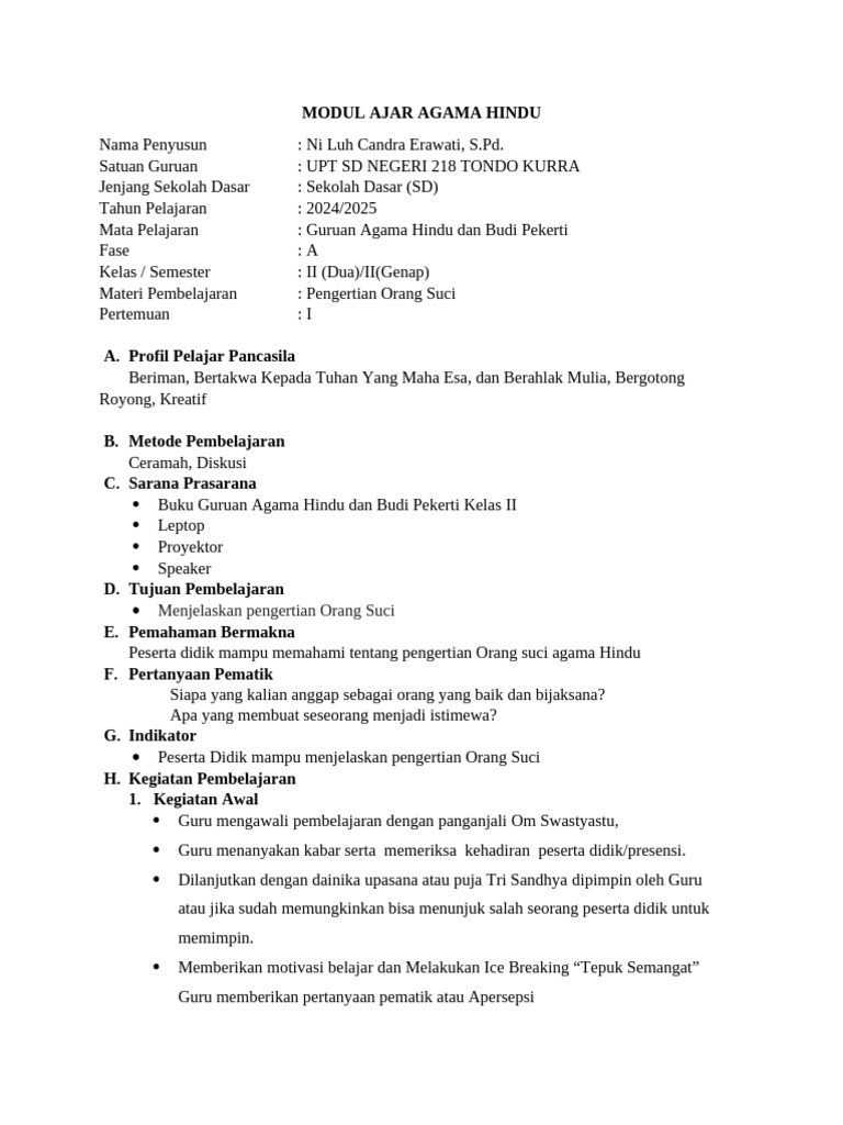 Modul Ajar Agama Hindu Orang Suci) Kelas 2 SMS 2 TP 1 | PDF