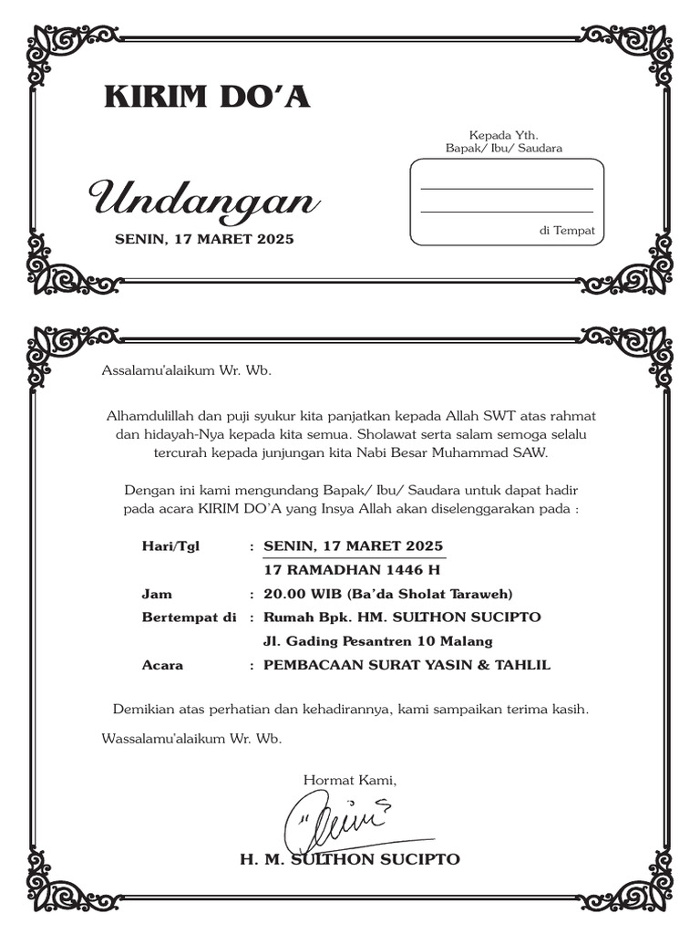 Undangan Bani h Abdul Basir Tahlilan | PDF