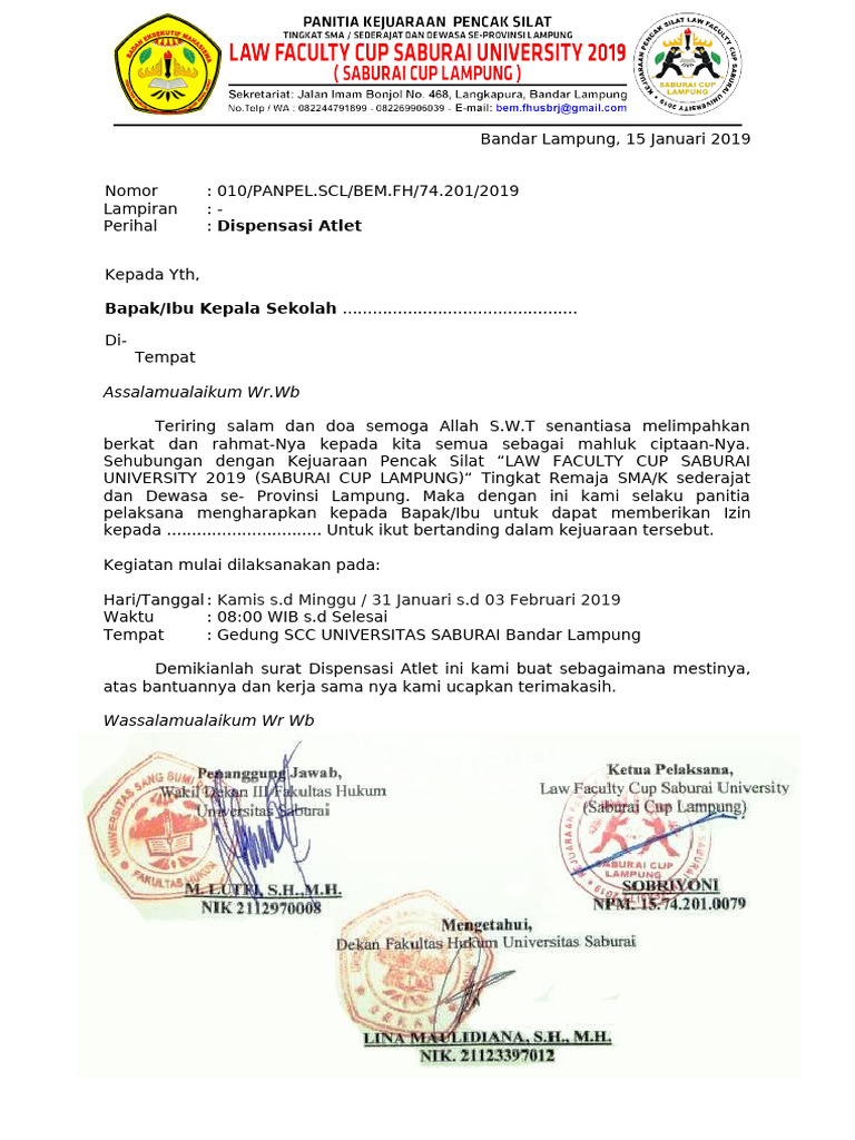 SURAT DISPENSASI ATLET | PDF
