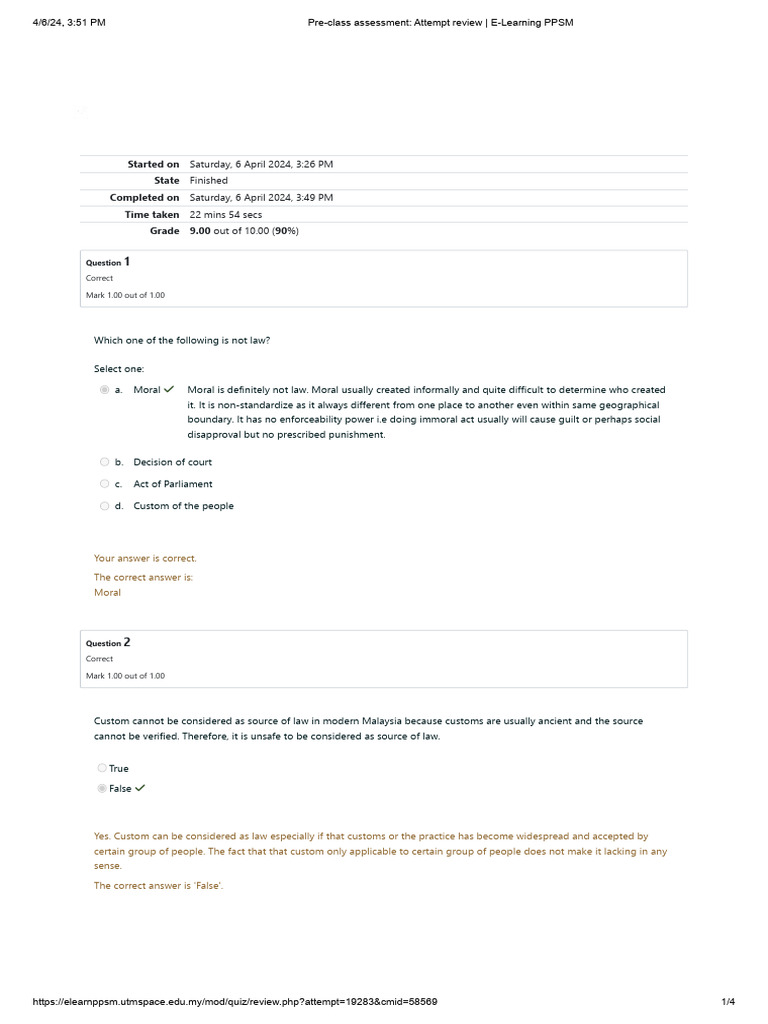 Pre-Class Assessment - Attempt Review - E-Learning PPSM | PDF | Supreme Courts | Common Law