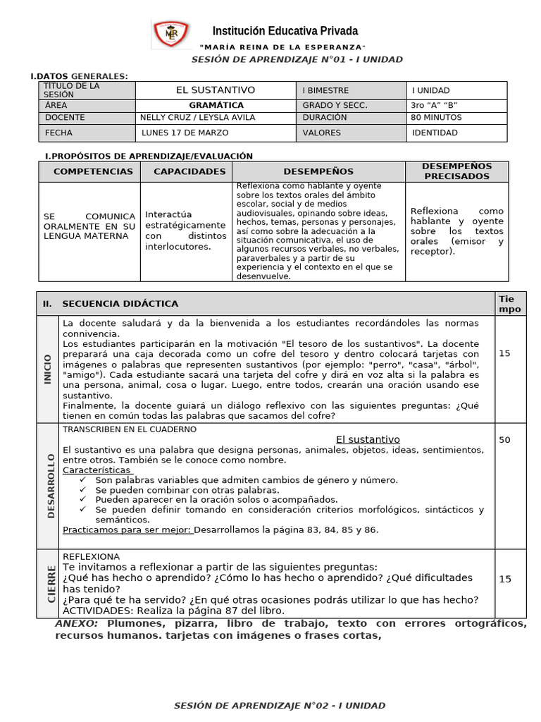 Sesión de Aprendizaje Semana 2 Comunicación | PDF | Oración | Sustantivo