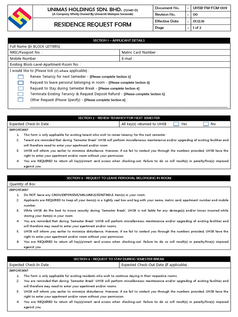 UHSB FM FCM 009 Residence Request Form | PDF | Lease | Banks