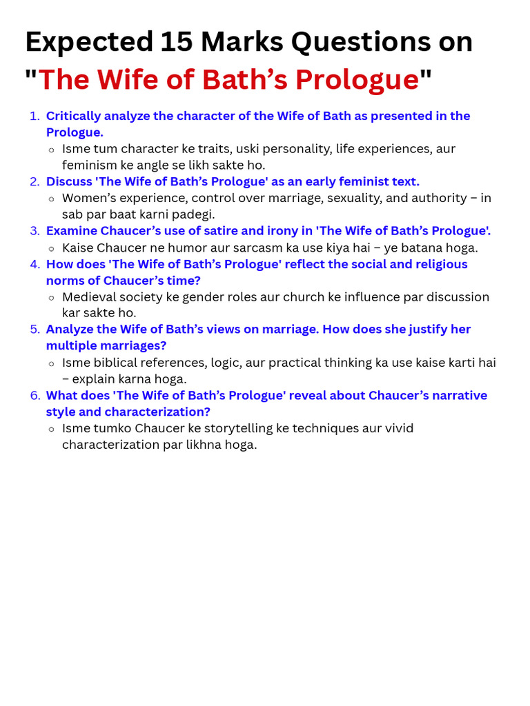 Expected 15 Marks Questions On The Wife of Bath's Prologue | PDF