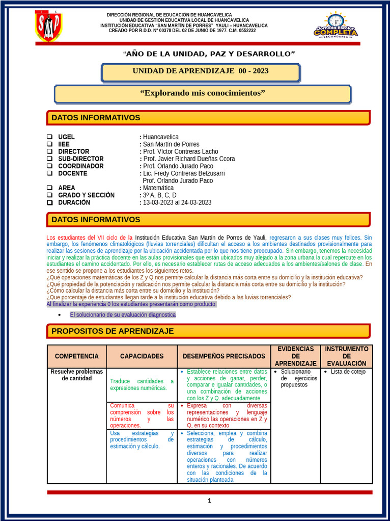 Unidad de Aprendizaje #0 Mat. 3° 2023 | PDF | Evaluación | Aprendizaje