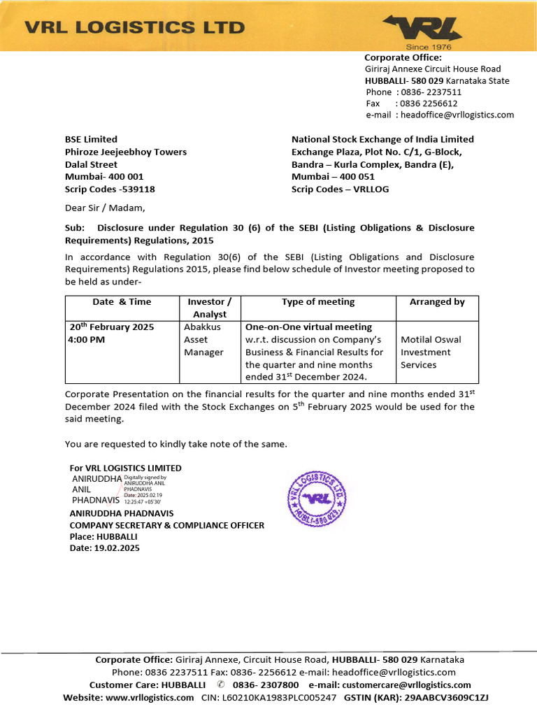 VRL Logistics Investor Meeting Notice | PDF | Market (Economics ...