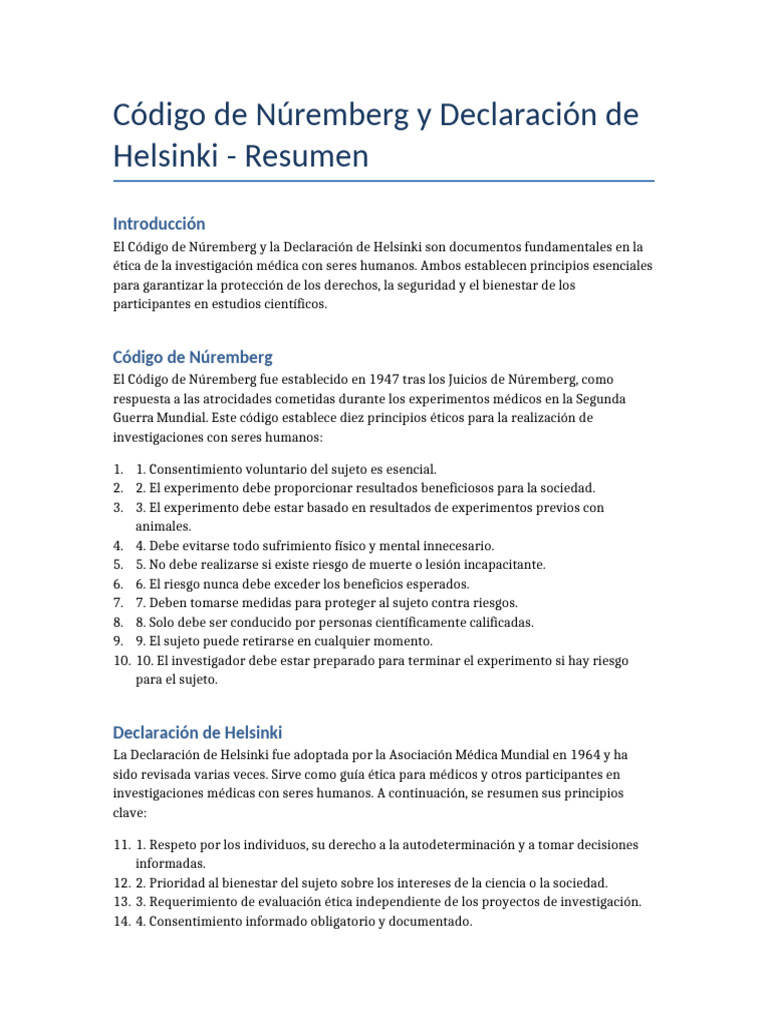 Resumen Codigo Nuremberg Helsinki | PDF