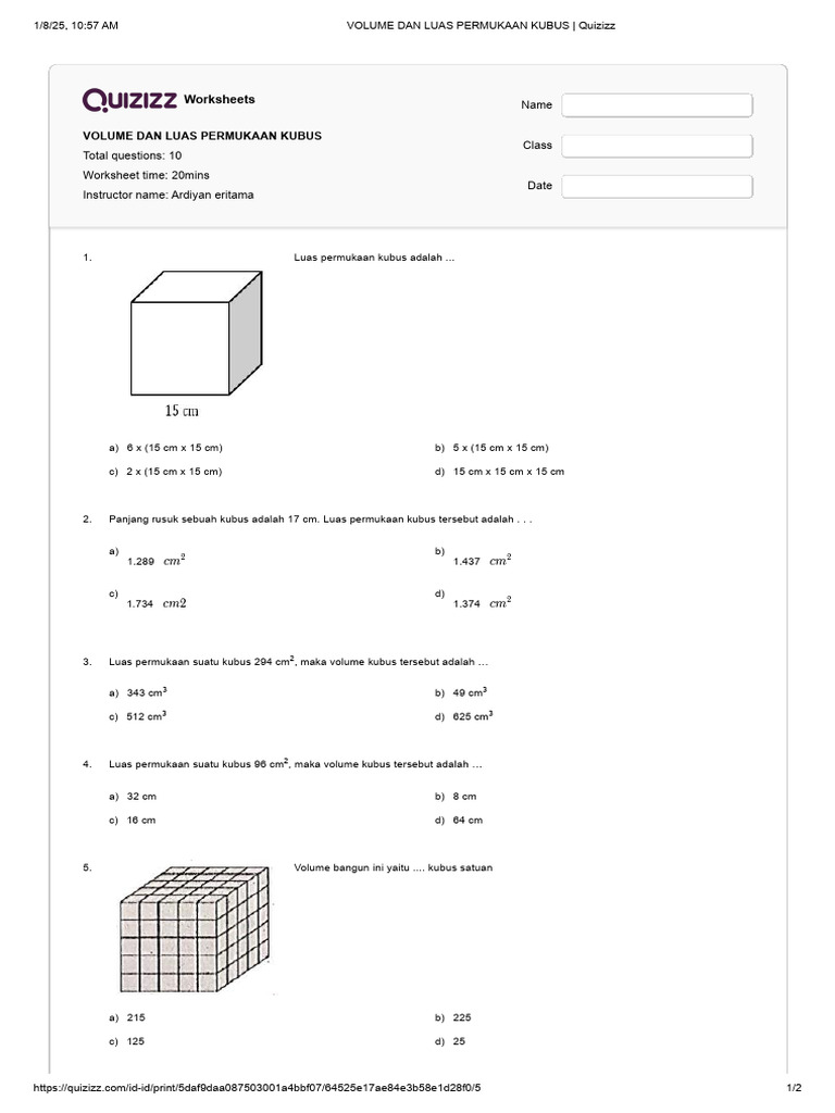 SOAL VOLUME DAN LUAS PERMUKAAN KUBUS | PDF