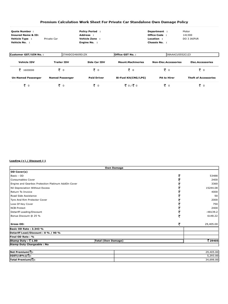 Premium Calculation for Car Insurance | PDF | Vehicle Technology | Land ...