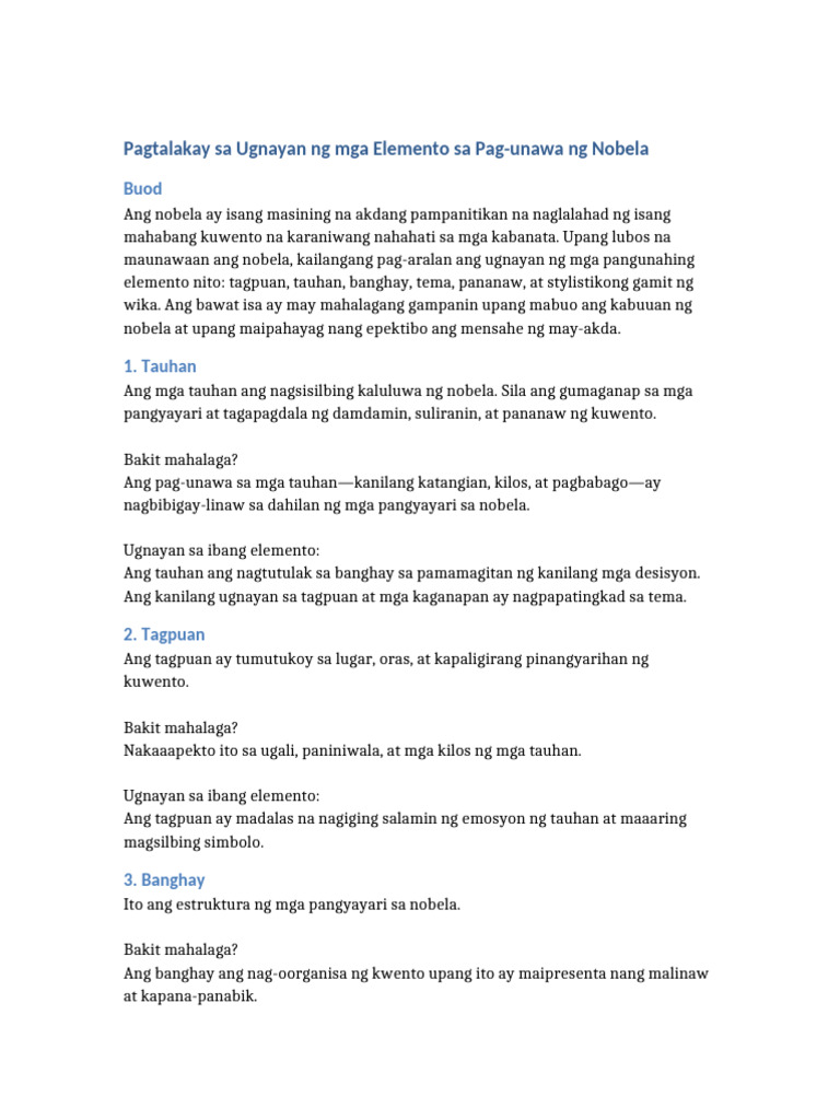 Ugnayan NG Elemento Sa Nobela | PDF