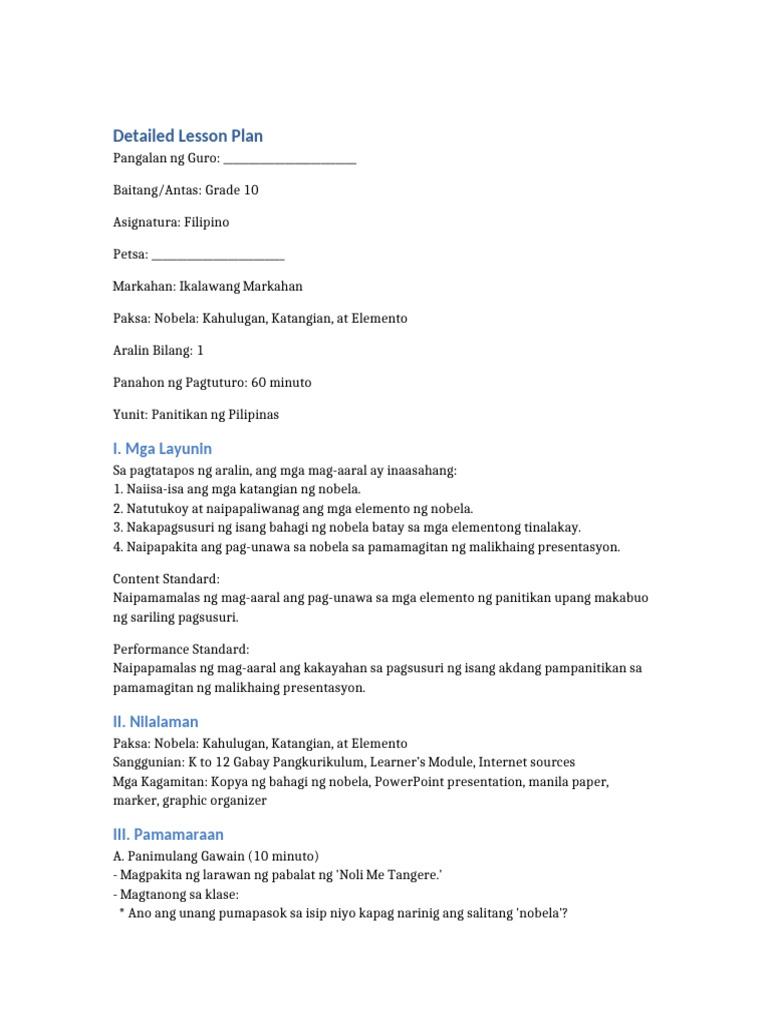 Detailed Lesson Plan Filipino Grade10 | PDF