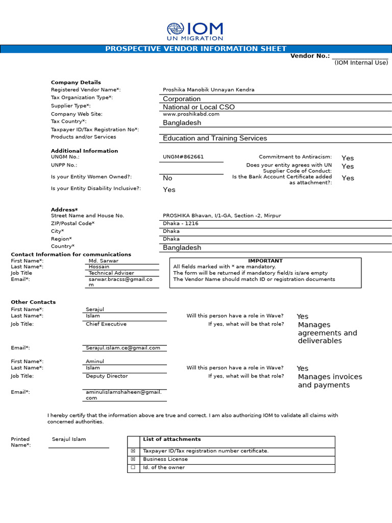 Proshika Vendor Information Sheet | PDF