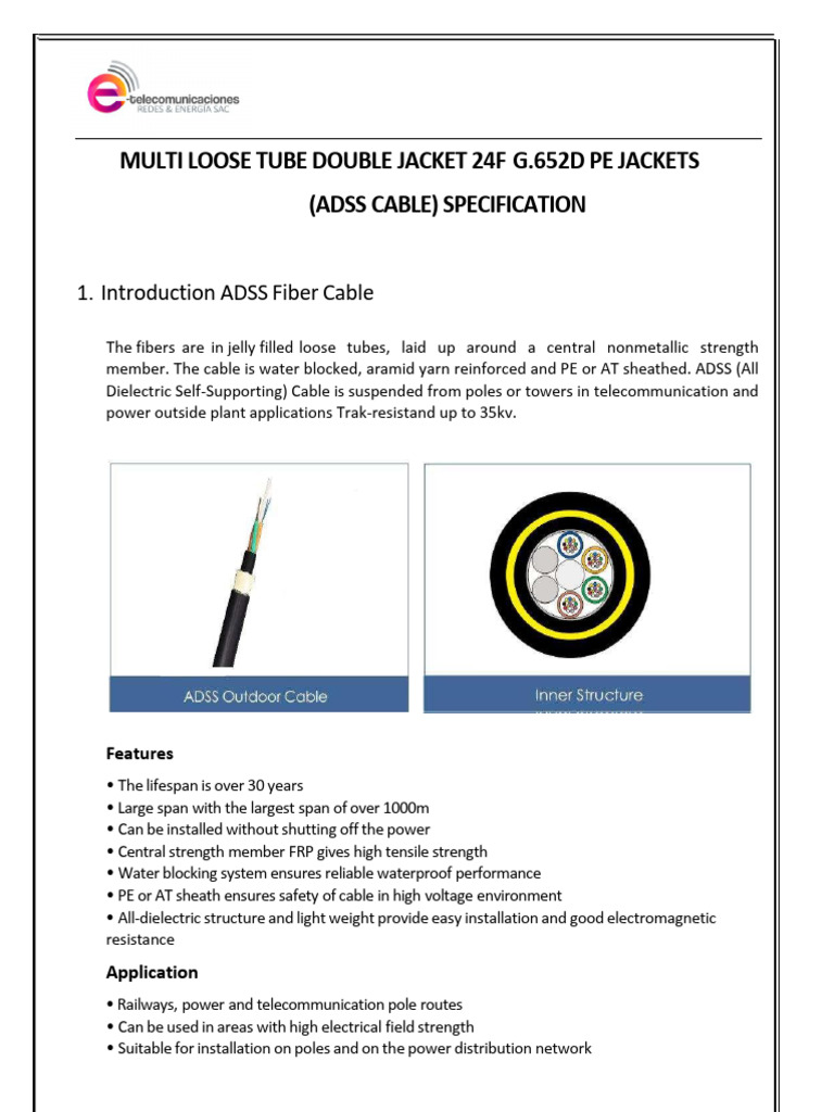 ADSS 24F Cable Specifications | PDF | Optical Fiber | Electrical ...