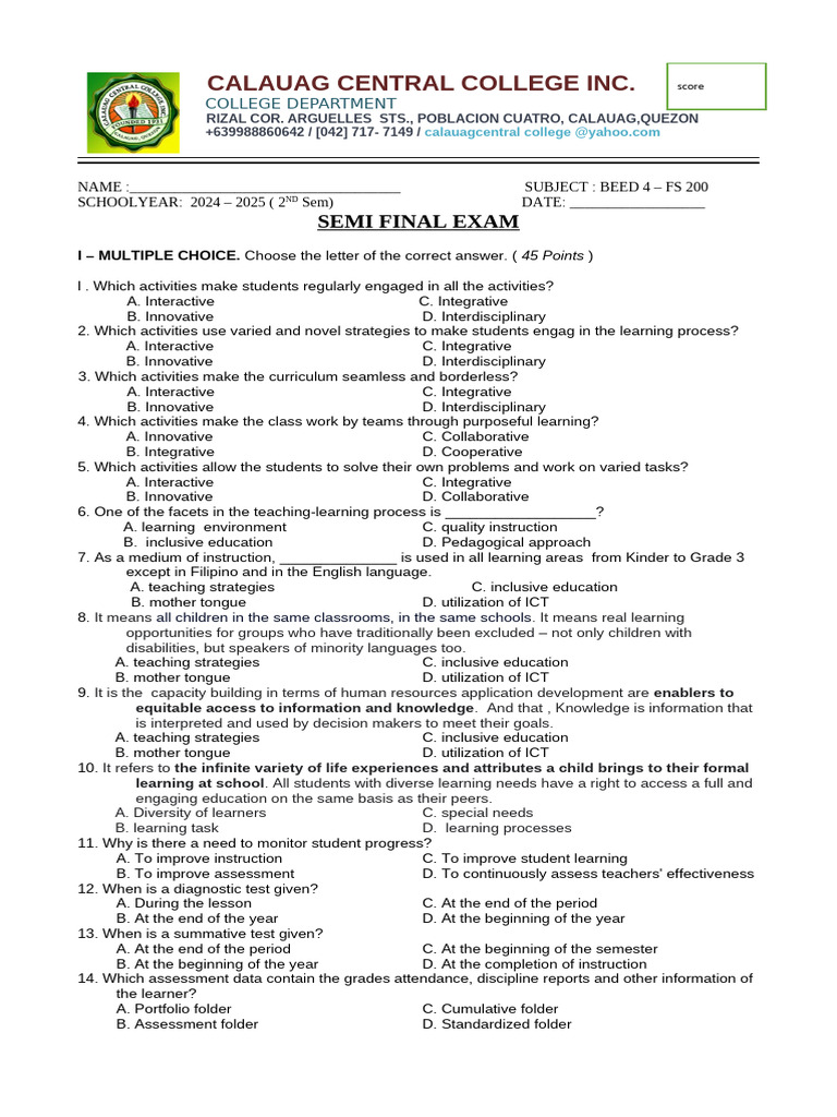 BEED 4 FS 200 Semi-Final Exam Guide | PDF | Educational Assessment ...