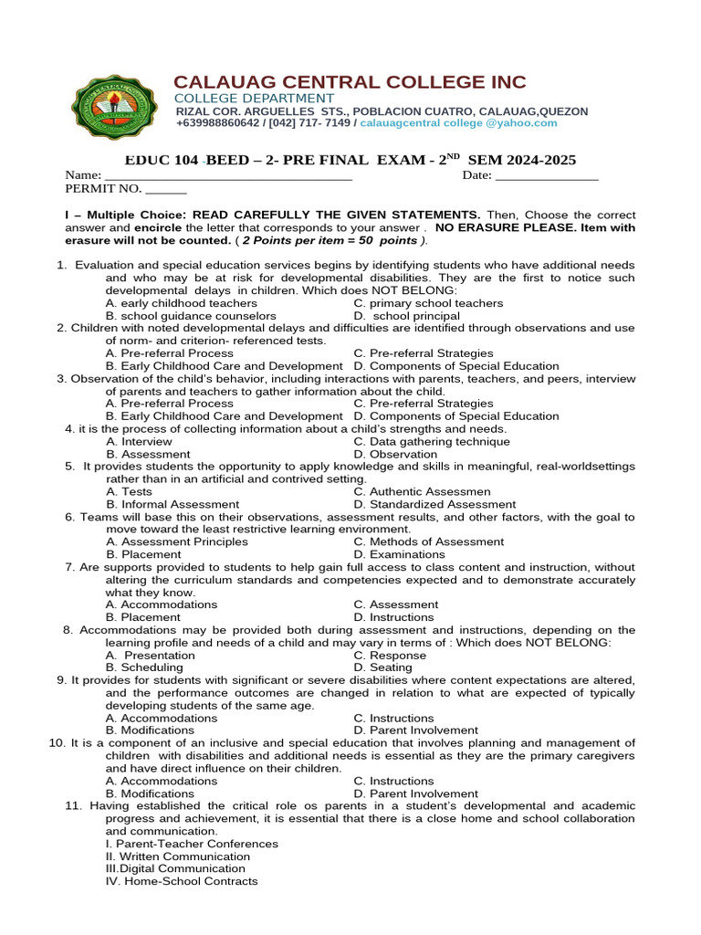 BEED 2 Pre-Final Exam: Special Education | PDF | Developmental ...