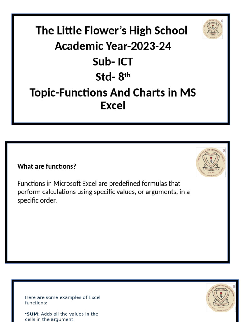 Std-8 (Unit-4) ICT - Functiona and Charts in MS Excel | PDF